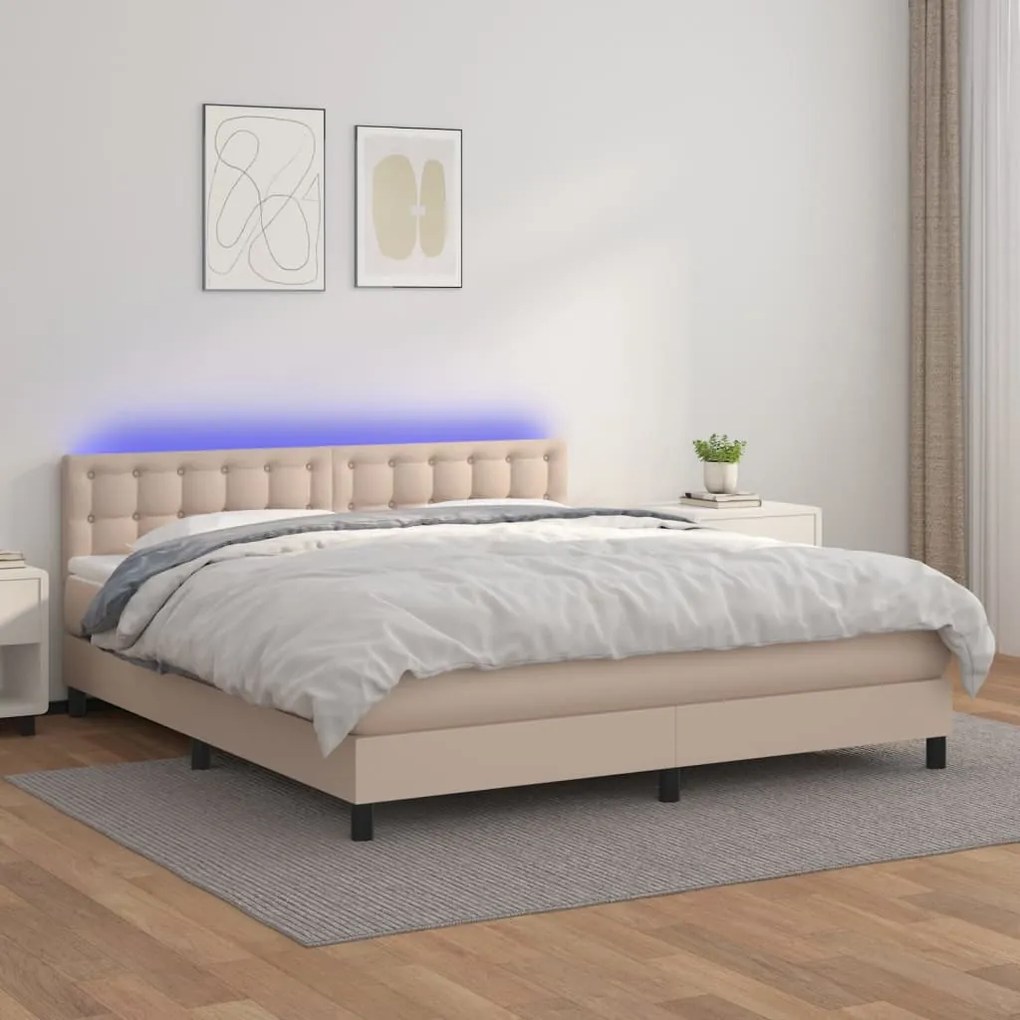 Box spring postel matrace a LED cappuccino 160x200cm umělá kůže