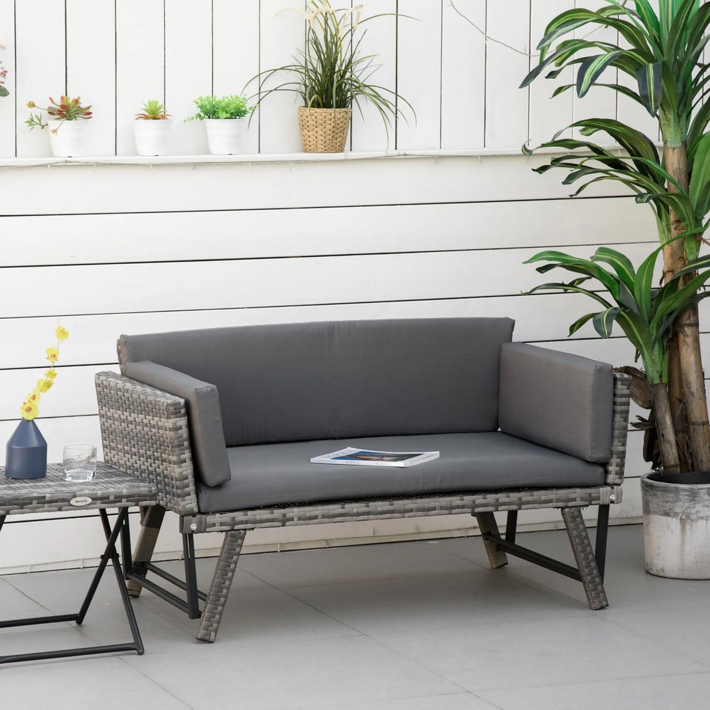 Outsunny polyratanová zahradní pohovka 2místná lounge pohovka šedá se sklopnými područkami ocel 129x63x67cm na zahradní terasu