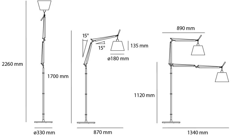 Artemide Tolomeo Basculante 180 Terra, stojací lampa s vypínačem, pergamenové stínítko, 1x46W E27, výška 103-170cm