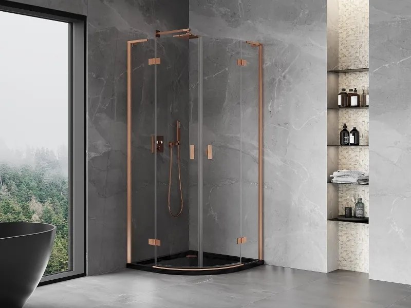 Mexen Mist L, čtvrtkruhový sprchový kout s 2-křídlými dveřmi, 90 x 90 cm, čiré sklo, měděný matný profil, 8A33L-090-090-65-00