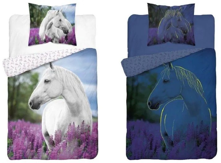 Povlečení bavlna fototisk Bílý Kůň v levanduli svítící 140x200+70x80 cm