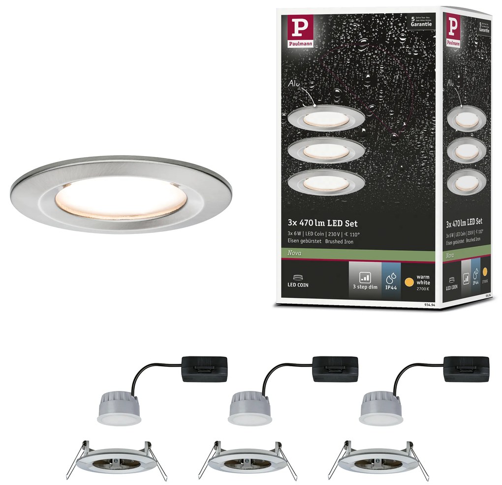 Paulmann 93494 LED Coin Nova round, set kulatých bodovek v úpravě broušená ocel, LED 3x6,5W 2700K tříkrokové stmívání, prům. 7,8cm