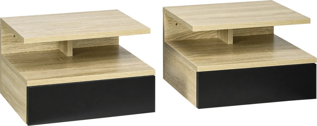 HOMCOM Sada 2 Floating Nočních Stolků Závěsných Nočních Stolků s 1 Šuplíkem a Otevřenou Policí do Ložnice 35x32x22,5 cm Dub a Černá