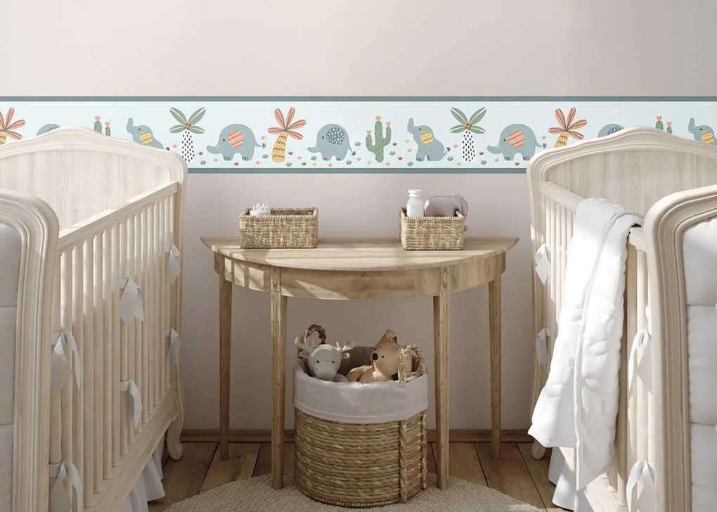 Dětská samolepící bordura na zeď Modří Sloni | 5 m x 13.8 cm | DWBD8505