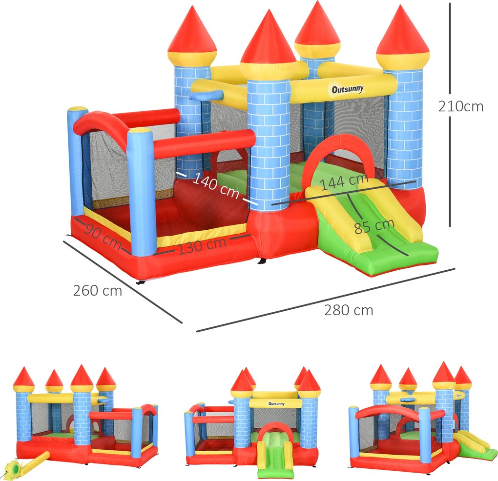 Outsunny skákací hrad s ventilátorem a skluzavkou, bazén, unese až 90 kg pro 3 děti, pro věk 3-8 let, červeno-modro-zelený, 280x260x210 cm