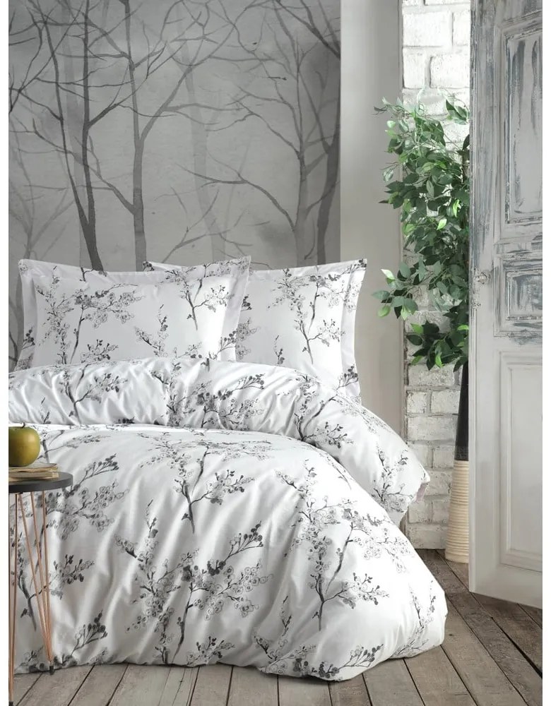 Bílé/šedé povlečení na jednolůžko z bavlny Renforcé 140x200 cm White Floral – Mila Home Luxury