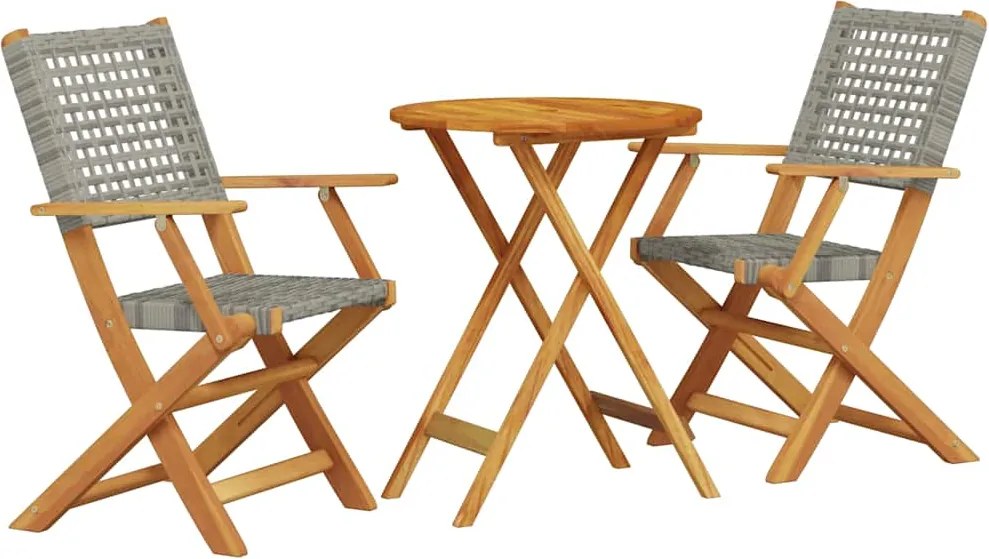 3dílný bistro set šedý polyratan a masivní dřevo 3281791