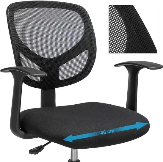 Ergonomická kancelářská židle s opěrkami, vysoká otočná židle s výškou sedáku 55-75 cm, černá