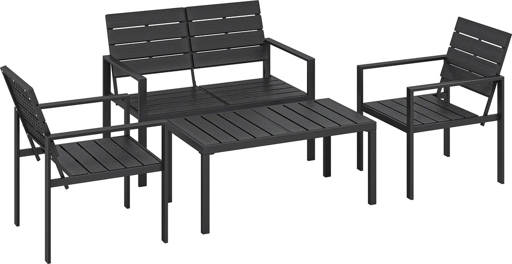 Outsunny Sada zahradního nábytku sedací souprava pro 4 osoby zahradní obývací pokoj s 2místnou pohovkou 2 křesla boční stolek lamelový design černý