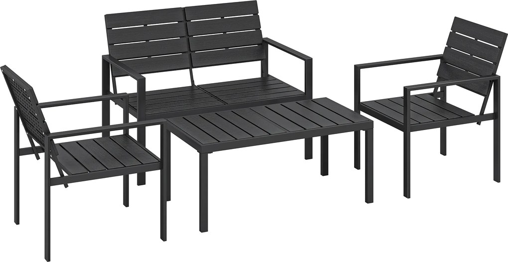 Sada zahradního nábytku sedací souprava pro 4 osoby zahradní obývací pokoj s 2místnou pohovkou 2 křesla boční stolek lamelový design černý
