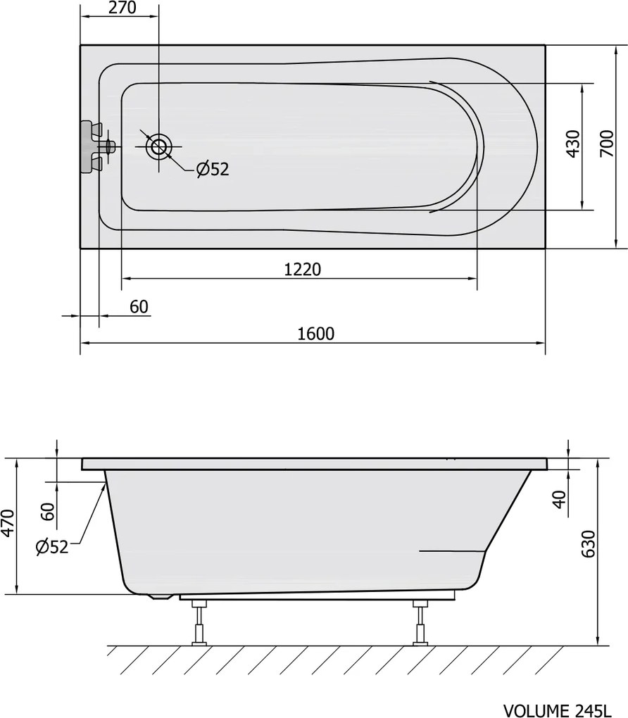 Polysan LISA obdélníková vana 160x70x47cm, bílá 86111