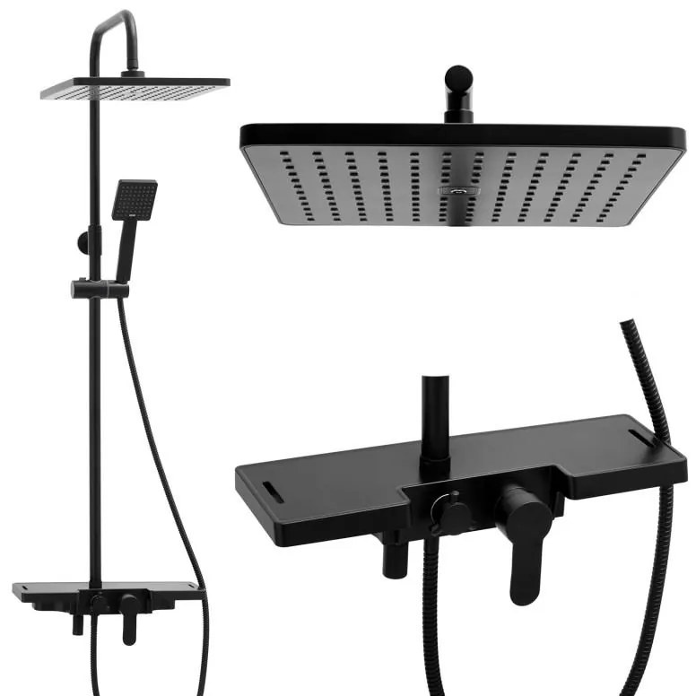 Erga Oslo, sprchová souprava s pákovou baterií, policí a dešťovou hlavicí 30x30 cm, černá matná, ERG-YKA-BP.OSLO-30-BLK