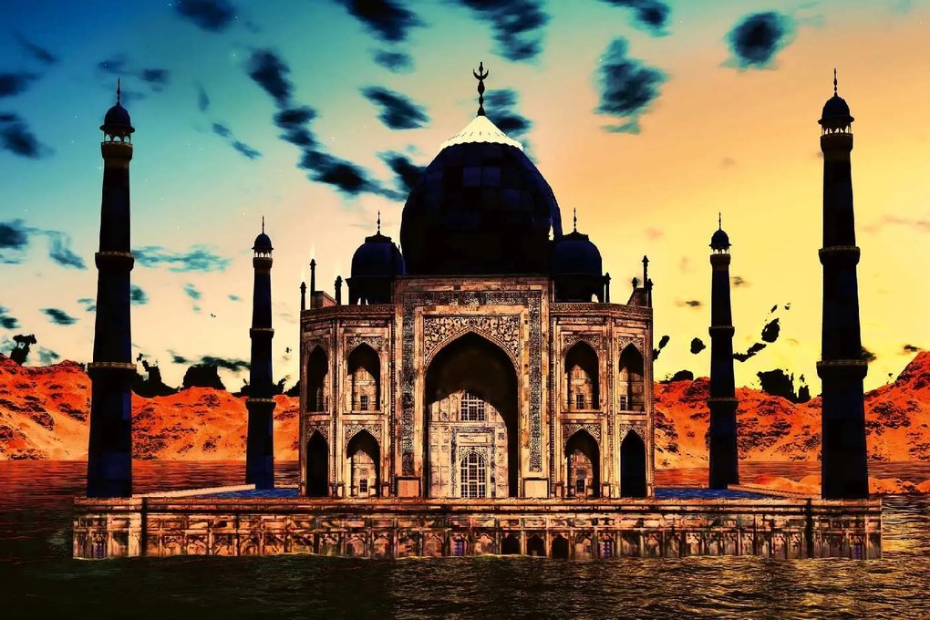 DIMEX | Samolepicí vliesová fototapeta na zeď Tádž Mahal II. MA-5-1124 | 375 x 250 cm | modrá, měděná, černá, oranžová