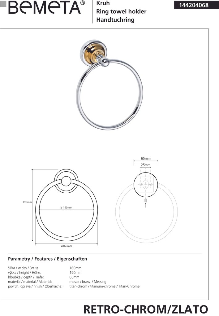 Bemeta Design RETRO gold-chrom: Držák ručníků, kruhový - 144204068