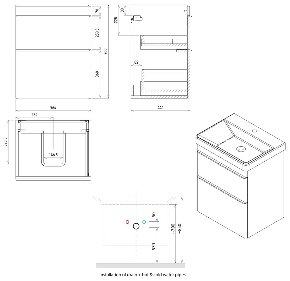 Sapho Sapho, SITIA umyvadlová skříňka 56,4x70x43,4cm, 2x zásuvka, bílá matná, SI060-3131