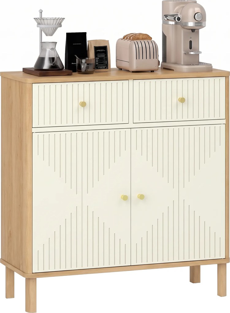 HOMCOM Bufet, rýhovaný úložný nábytek s deskou v dubovém vzhledu, 2 zásuvky, 2 dveře, nastavitelná police, 77x30x80 cm, krémová