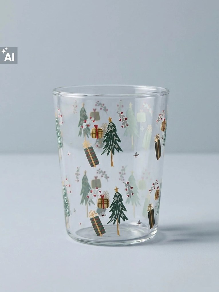 Sinsay - Sklenice s motivem vánočních stromků a dárků 2 pack - béžová