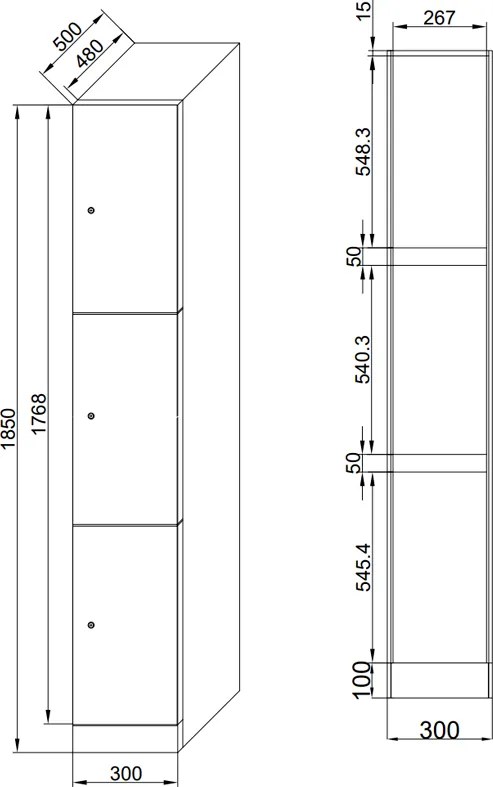 Šatní skříňka S1 s úložnými boxy, 3 boxy, 1850 x 300 x 500 mm, demont, cylindrický zámek, laminované dveře, bříza