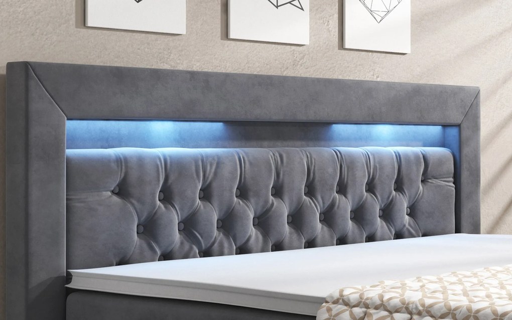 K&M postele Boxspring postel MENZOGNA s úložným prostorem a LED Velikost postele: 160 × 200 cm, Výběr matrace: Taštičková zónová matrace - měkká (70–…