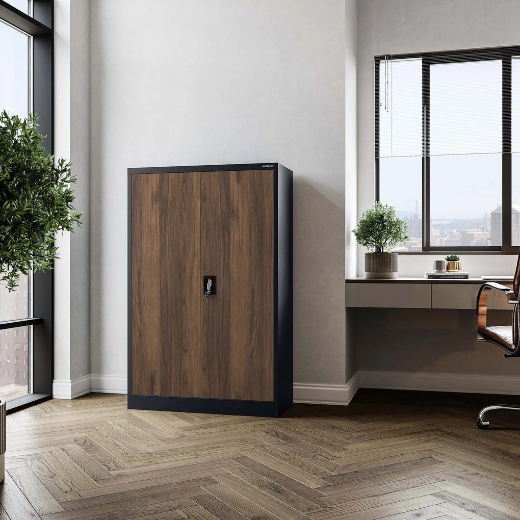 Nízká kovová kancelářská skříň se 3 policemi, antracit/ořech, 900x1400x400 mm: KEVIN Eco Design