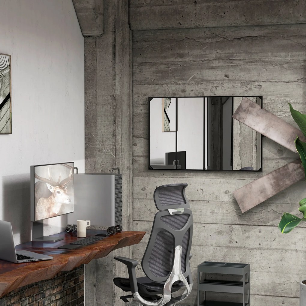 HOMCOM Obdélníkové zrcadlo s industriálním stylem a mřížkovým vzorem, horizontální nebo vertikální, s 4 háčky, černý kov - 109 x 69 cm
