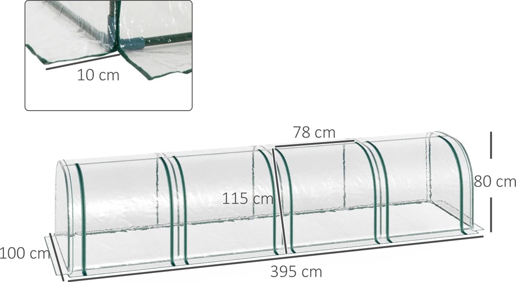 Outsunny Fóliový skleník Skleník s dveřmi Studený rám Rostlinná školka Rostlinný dům Fólie Ocel PVC Transparent 395 x 100 x 80 cm | Aosom