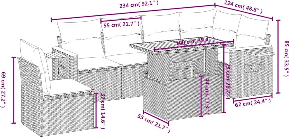 7dílná zahradní sedací souprava s poduškami černá polyratan 3273540