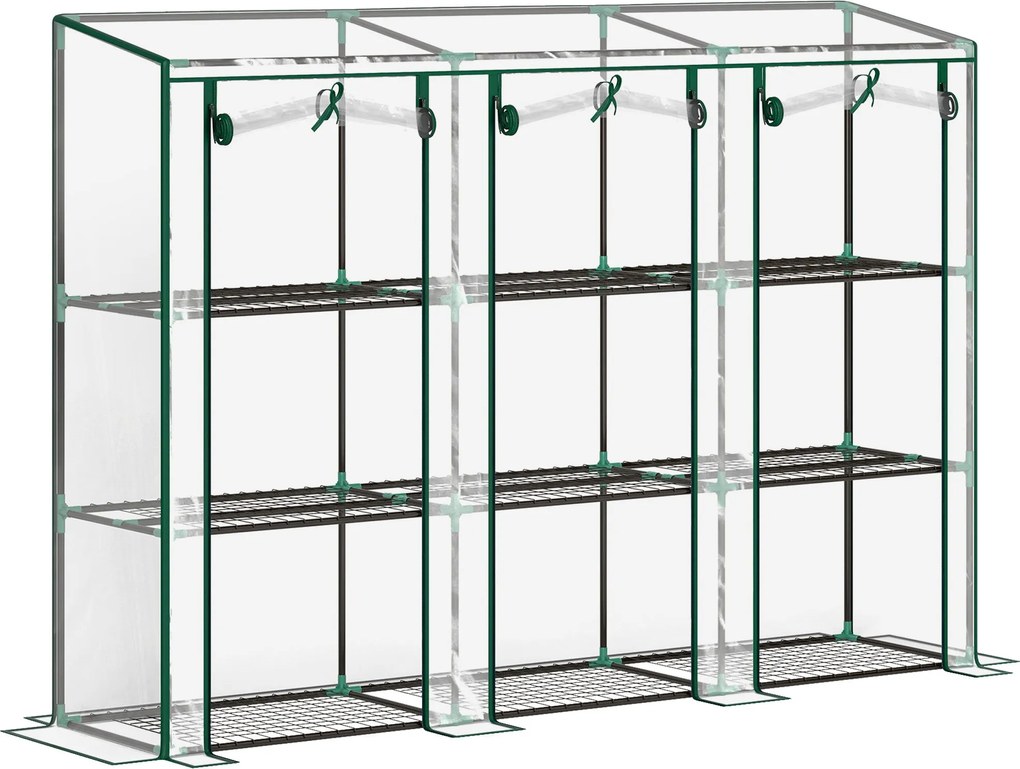 Outsunny Malý Skleník pro Exteriér se 3 Úrovněmi Polic, Sklopnými Zipovými Dveřmi a Ocelovým Rámem pro Pěstování Rostlin a Květin 215x46x151 cm Průhle