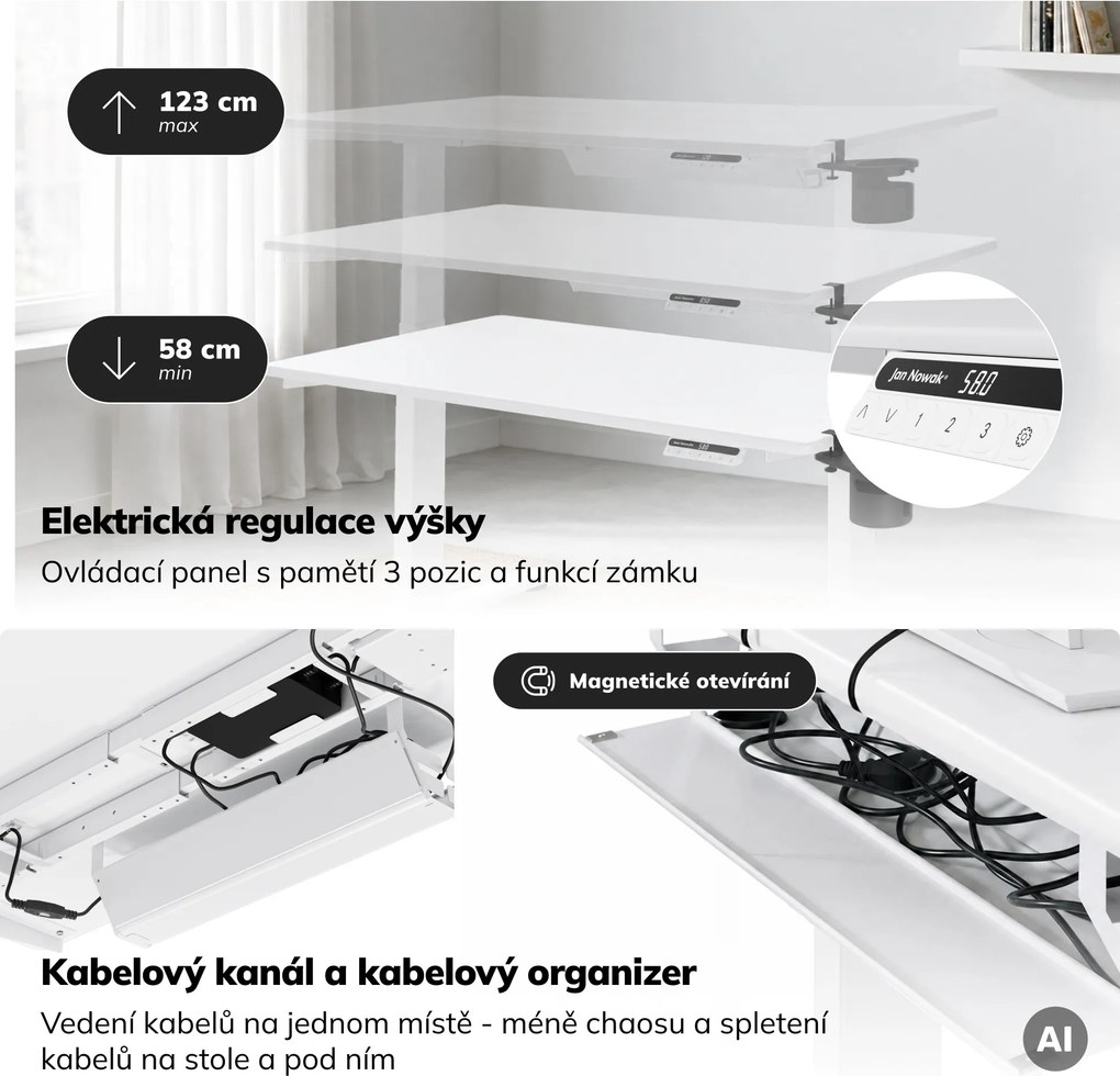 Elektrický stůl s nastavitelnou výškou ergonomický bílý,1200x600 mm: ARIA