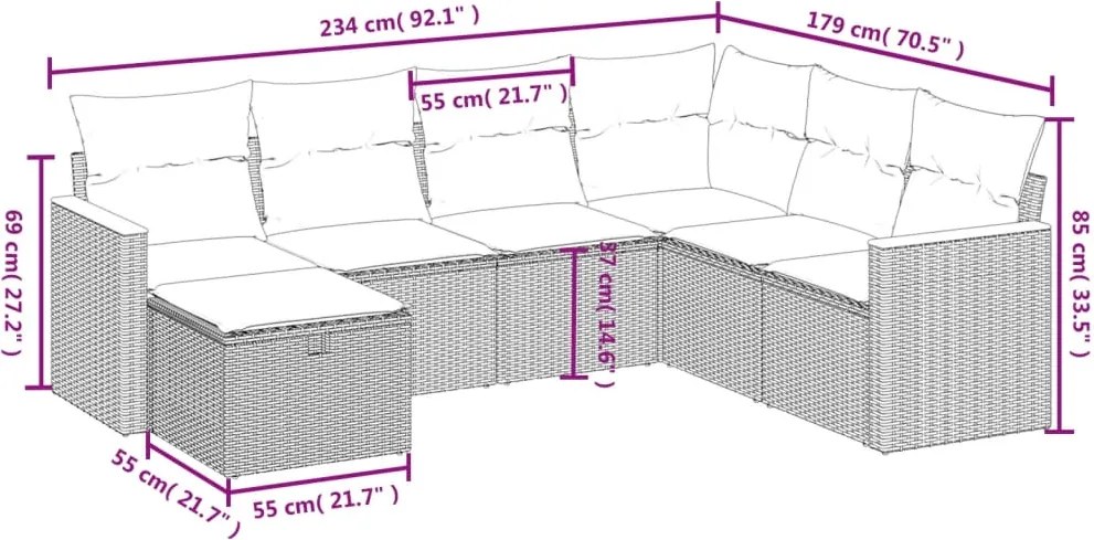 7dílná zahradní sedací souprava s poduškami šedá polyratan 3265330
