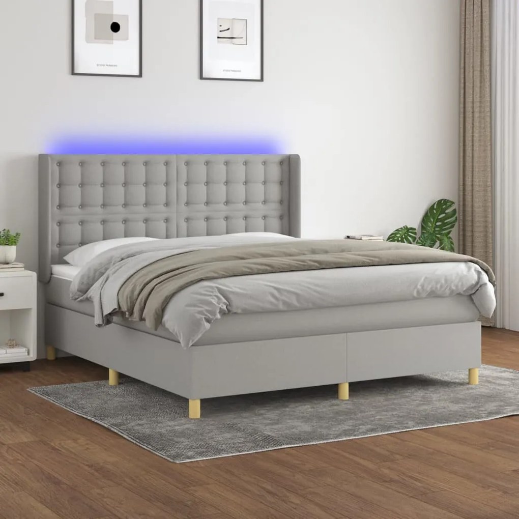 Box spring postel s matrací a LED světle šedá 180x200 cm textil 3139213