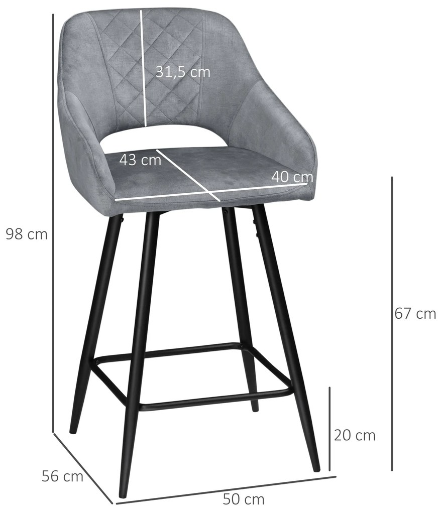 HOMCOM Sada 2 barových židlí, barové židle, bistro židle s podnožkou, kuchyňská židle, pultová židle, potah sedáku, ocel, šedá, 50 x 53 x 94 cm| Aosom
