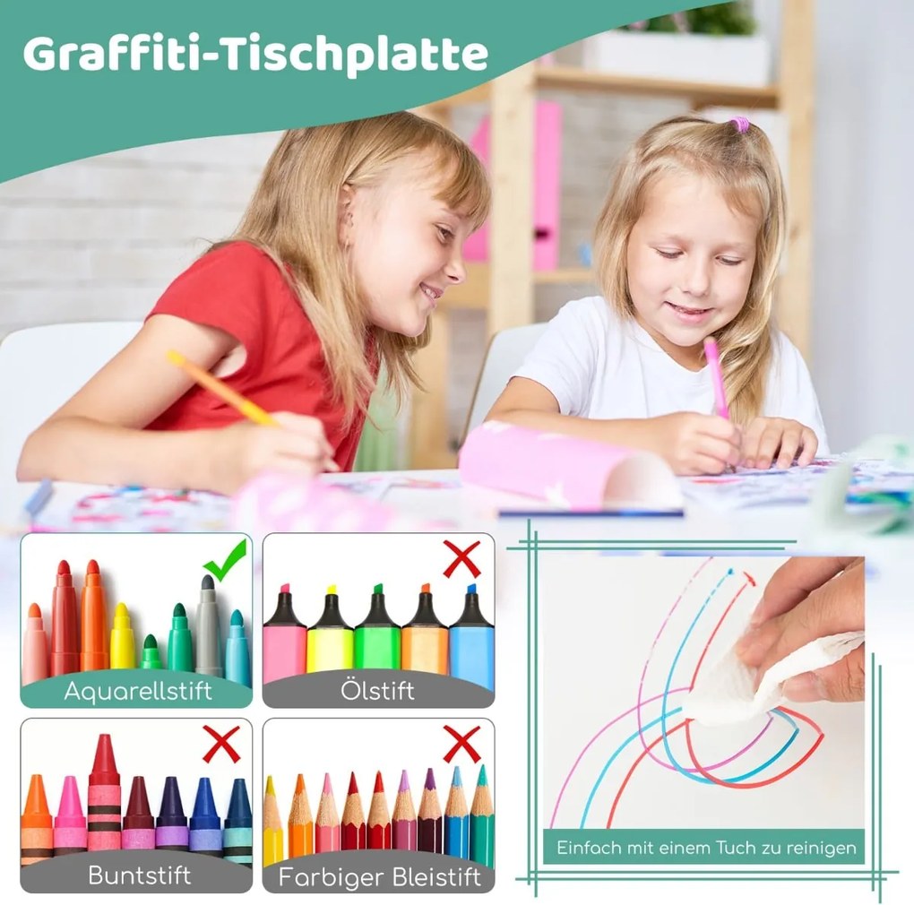 Costway Dětský stůl se 4 židlemi s graffiti deskou, výškově nastavitelná dětská