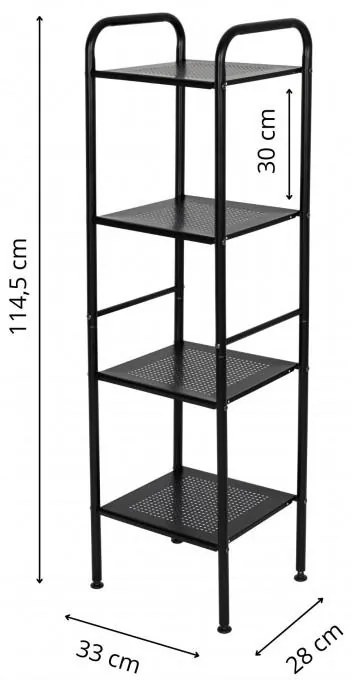 Erga Lexa, koupelnový kovový regál se 4 policemi 28x33x114,5 cm, černá matná, ERG-YKA-P.LEXA-4-BLK