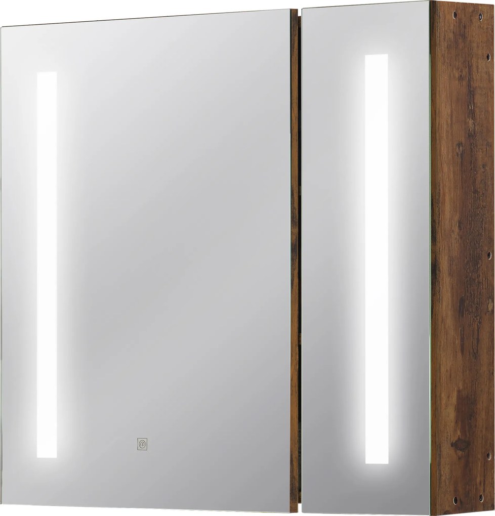 kleankin Nástěnná zrcadlová skříňka s LED osvětlením do koupelny, 2 dveře s 3 úrovněmi, 70 x 15 x 65 cm, vzhled dřeva
