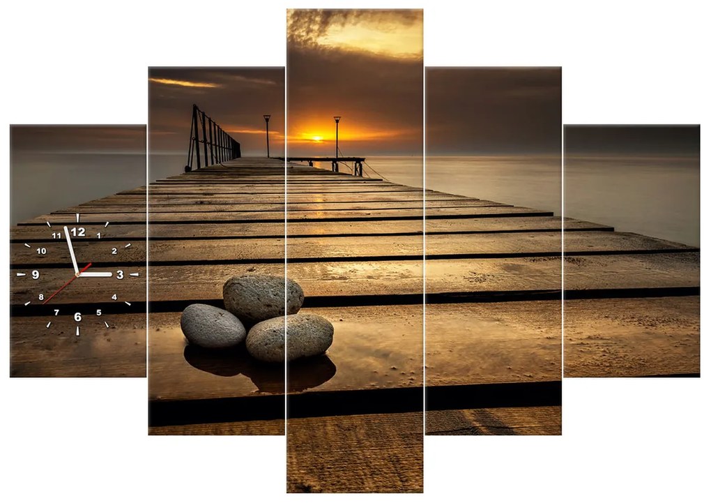 Gario Obraz s hodinami Nádherné ráno při molu - 5 dílný Rozměry: 150 x 70 cm
