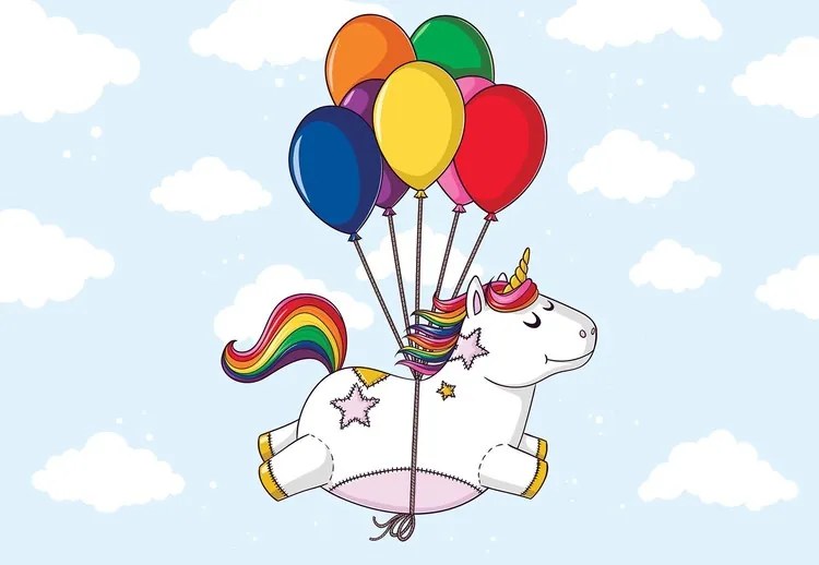 Fototapeta, Tapeta Flying Unicorn With Balloons, (520 x 318 cm)