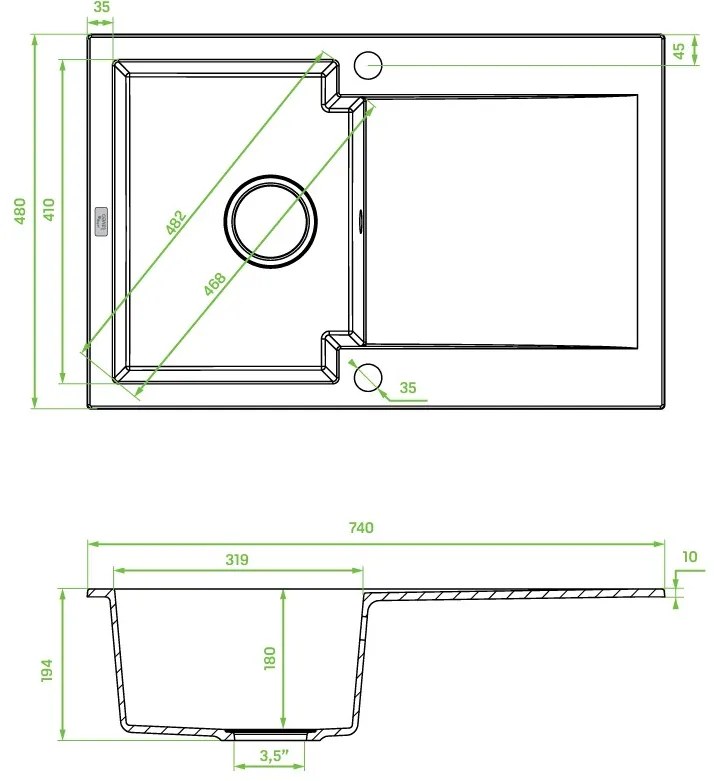 Kuchinox Chichi, 1-komorový granitový dřez 740x480x194 mm, černá skvrnitá, LAV-SBH_711Y