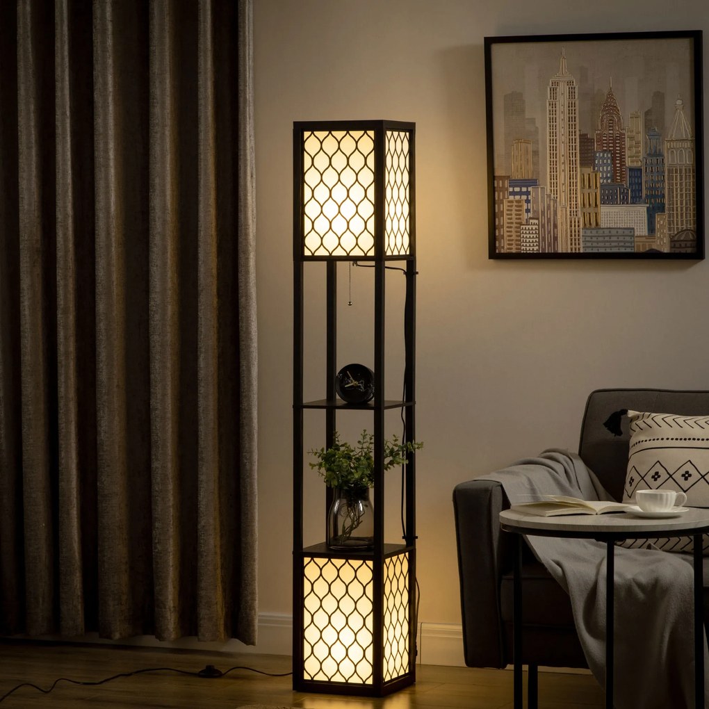 HOMCOM Stojací lampa Stojací lampa s policí a dvojitým světlem, 40W, E27, řetízkový vypínač, do obývacího pokoje, ložnice| Aosom