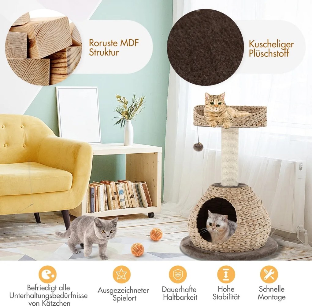 Costway Small Cat Tree s jeskyní a přírodním sisalem a ručně vyrobeným košíkem φ
