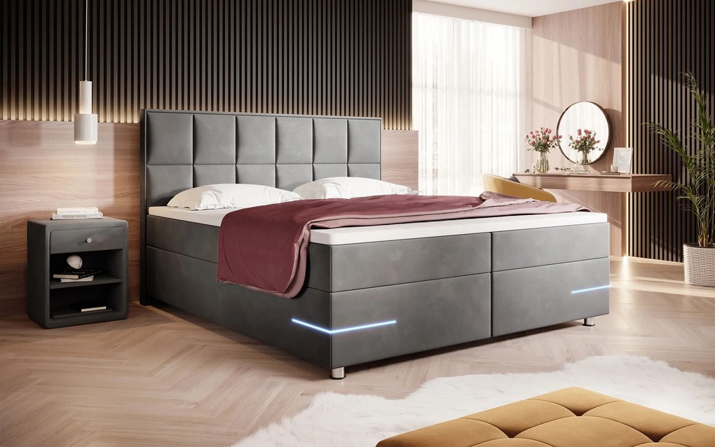 K&M postele Boxspring postel MILANO bez úložného prostoru s LED Velikost postele: 180 × 200 cm, Výběr matrace: Taštičková zónová matrace - měkká (70–…