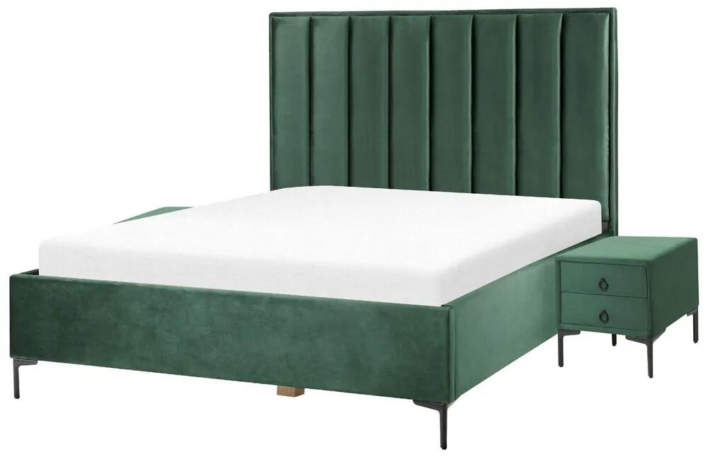 Sametová souprava nábytku postel 160 x 200 cm +2 noční stolky tmavě zelená SEZANNE Beliani