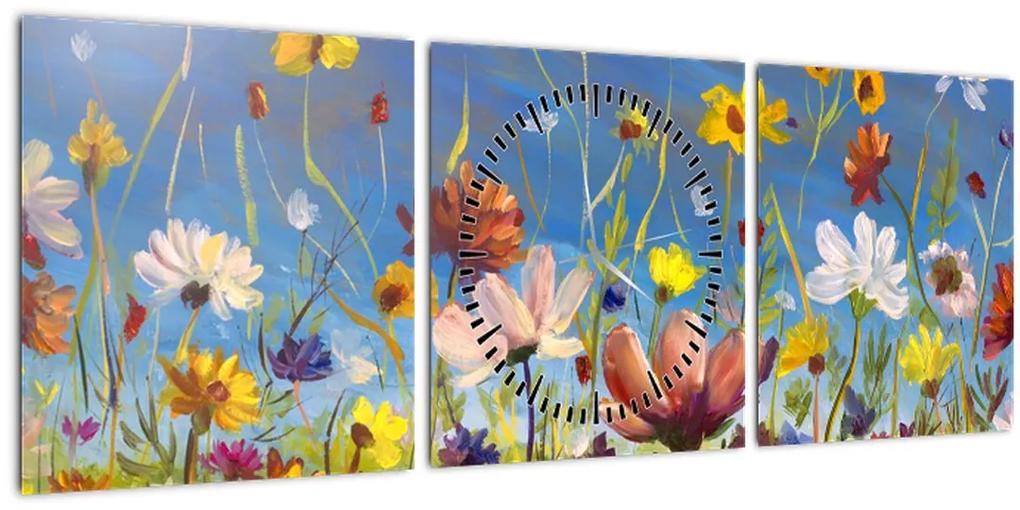 Malovaný obraz rozkvetlé louky (s hodinami) (90x30 cm)