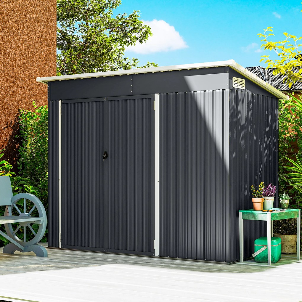 Outsunny plechový zahradní domek 2,68 m² – zamykatelný, 3 dveře, větraný, pultová střecha, rukavice v balení (234 × 132 × 185 cm)