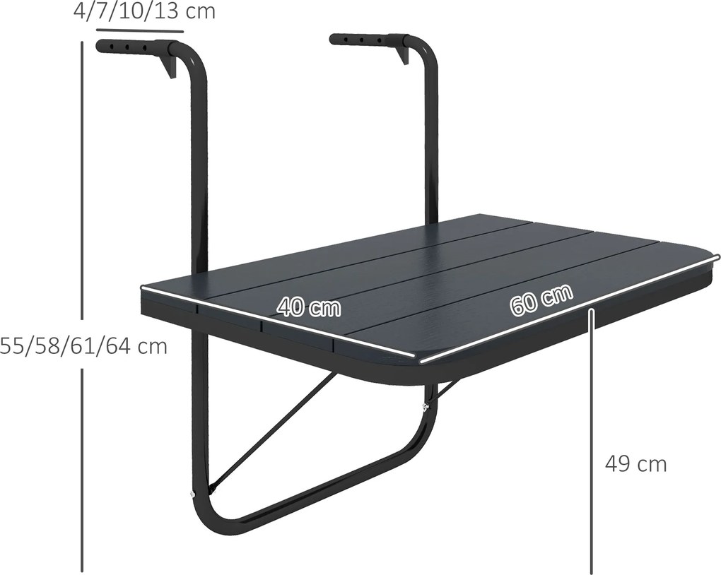 Balkonový stolek Outsunny k zavěšení, nosnost až 25 kg, skládací balkonový stolek, výškově nastavitelný ve 4 směrech, hliník, 60 x 40 cm, černý | Aos…