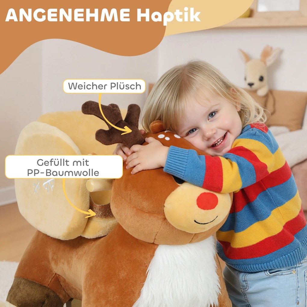 AIYAPLAY Dětský houpací kůň Dětský houpací sob s ukolébavkami, pro 18-36 měsíců Plyš 65 x 35 x 59 cm Hnědý