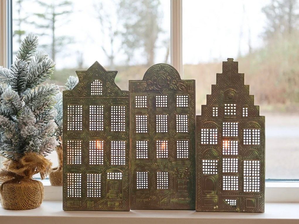 3ks mosazný antik kovový domek na svíčku Candle Houses - 12*12*27cm