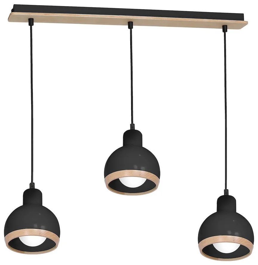 Závěsné svítidlo Oval, 3x dřevěné/černé kovové stínítko, b