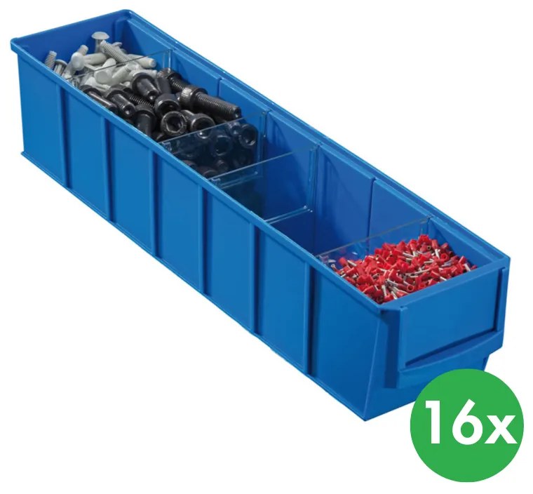 Plastový regálový box ShelfBox typ B - 91 x 400 x 81 mm, 16 ks, modrý