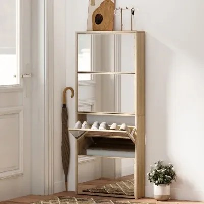 HOMCOM zrcadlová skříňka na boty se 4 protizvrtovými klapkami ze dřeva, 63x17x146 cm, barva dřeva